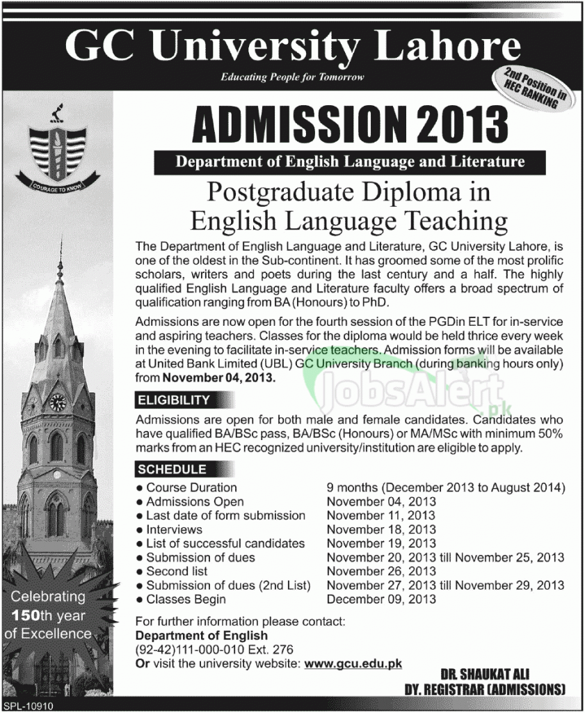 GC University Lahore Postgraduate Diploma Admission 2013 | Jobs in Pakistan GC University Lahore Postgraduate Diploma Admission 2013 | Jobs in Pakistan