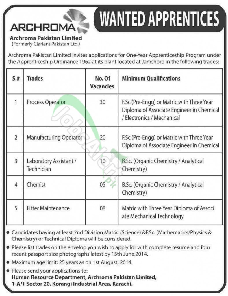 Archroma Pakistan Limited Jobs 2014 for Assistant in Karachi