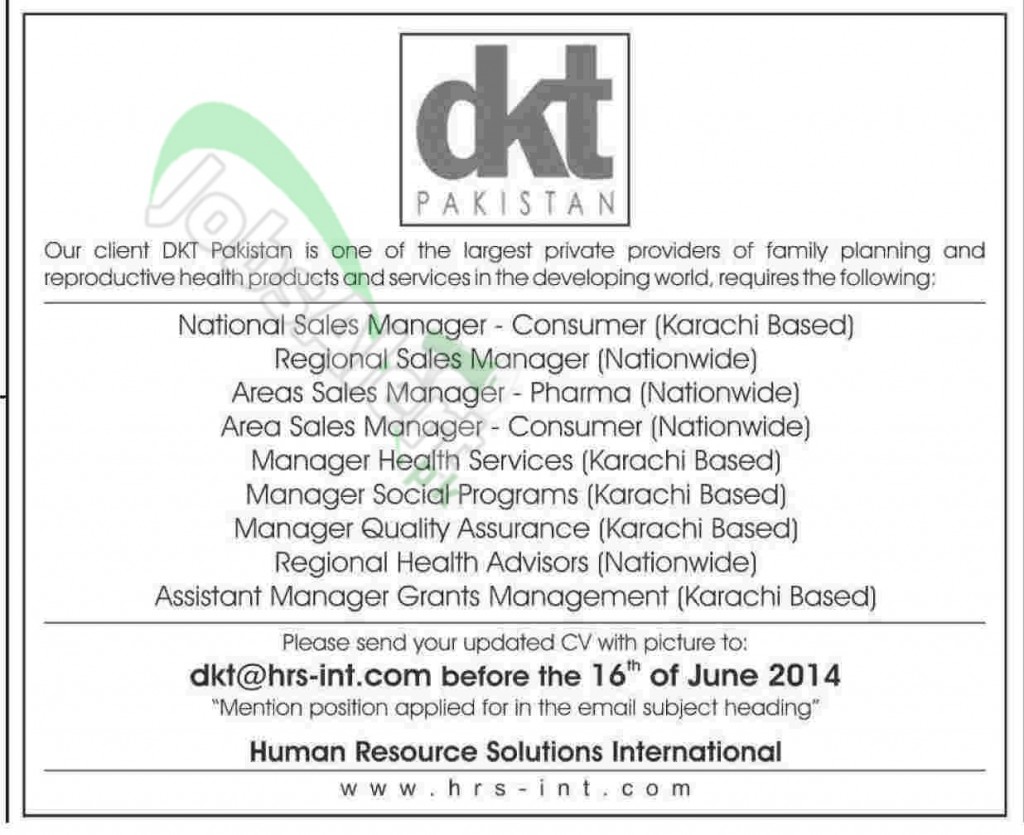 DKT International Pakistan Jobs 2014 for Sales Manager