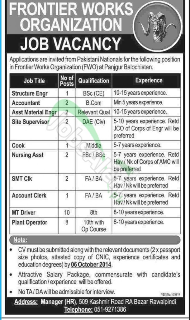 Frontier Works Organization (FWO) Jobs 2014 for Accountant & Supervisor ...