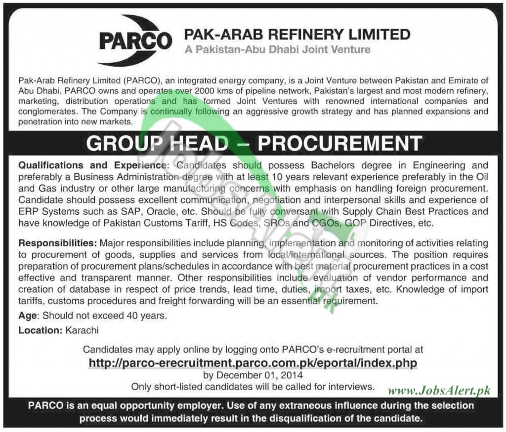Pak Arab Refinery Ltd (PARCO) Jobs 2014 Group Head Apply Online