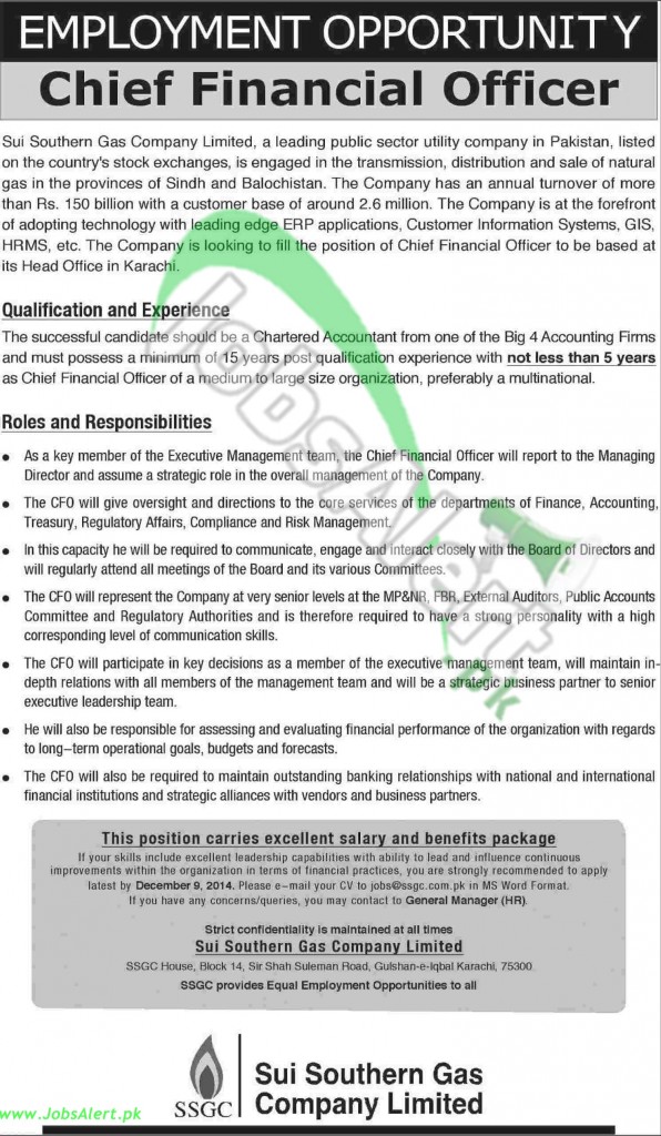 Sui Southern Gas Company Ltd. (SSGC) Jobs 2014 for CFO