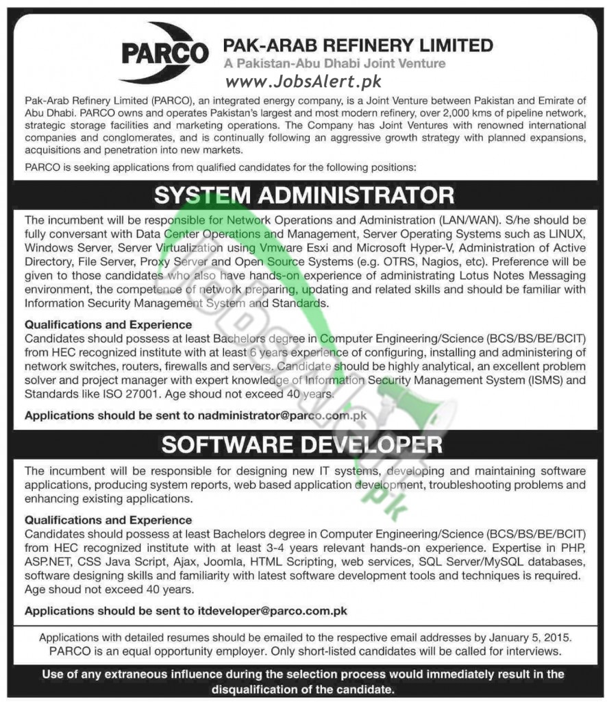 PARCO Jobs 2014 System Administrator & Software Developer Apply Online