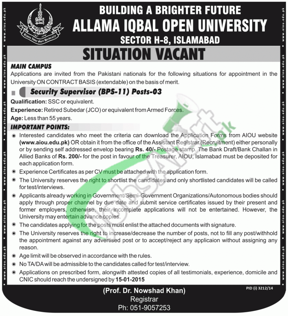 Allama Iqbal Open University Jobs 2026 AIOU Latest