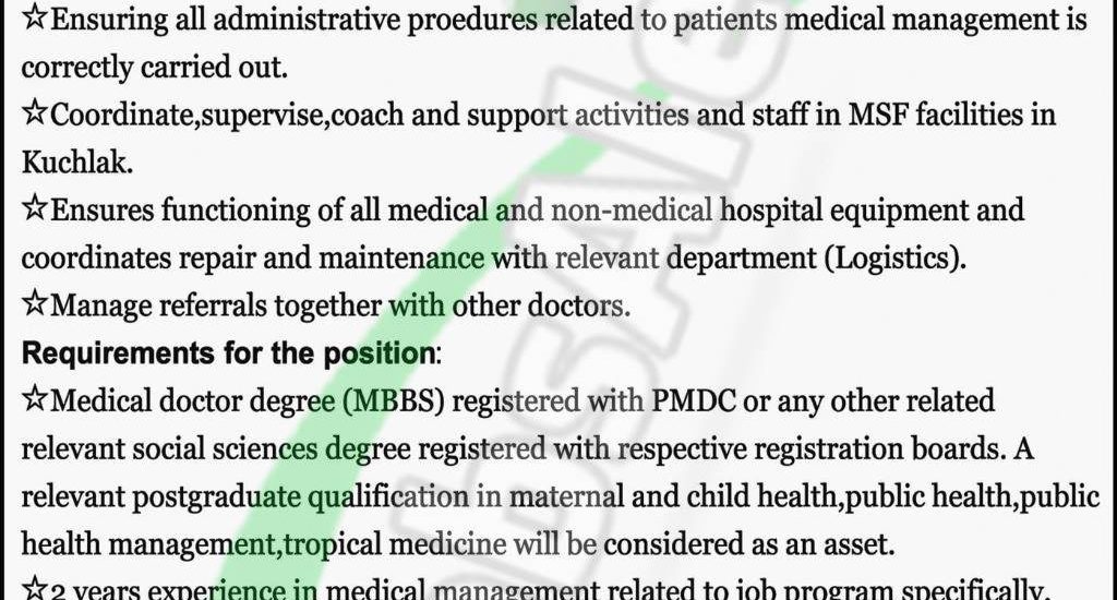 MSF Jobs in Quetta Pakistan 2018 Medecins Sans Frontieres