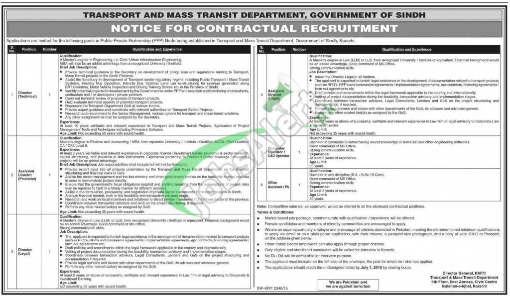 Jobs in Transport & Mass Transit Department Sindh Karachi 2015