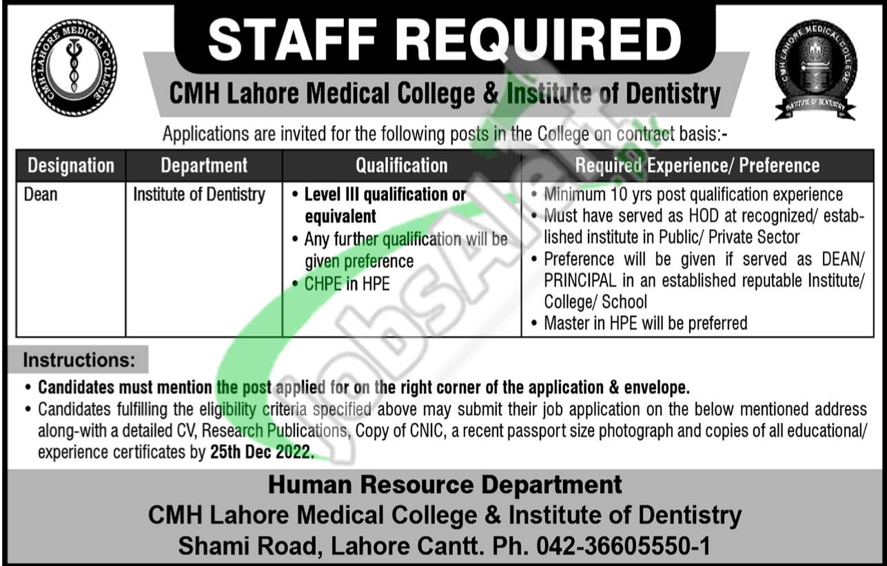 Latest Jobs in CMH Lahore Medical College and Institute of Dentistry 2022