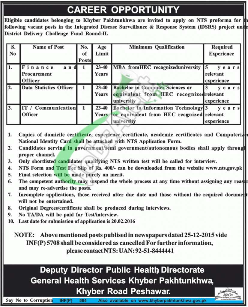 Directorate General of Health Services (DGHS) KPK Jobs 2016 NTS ...