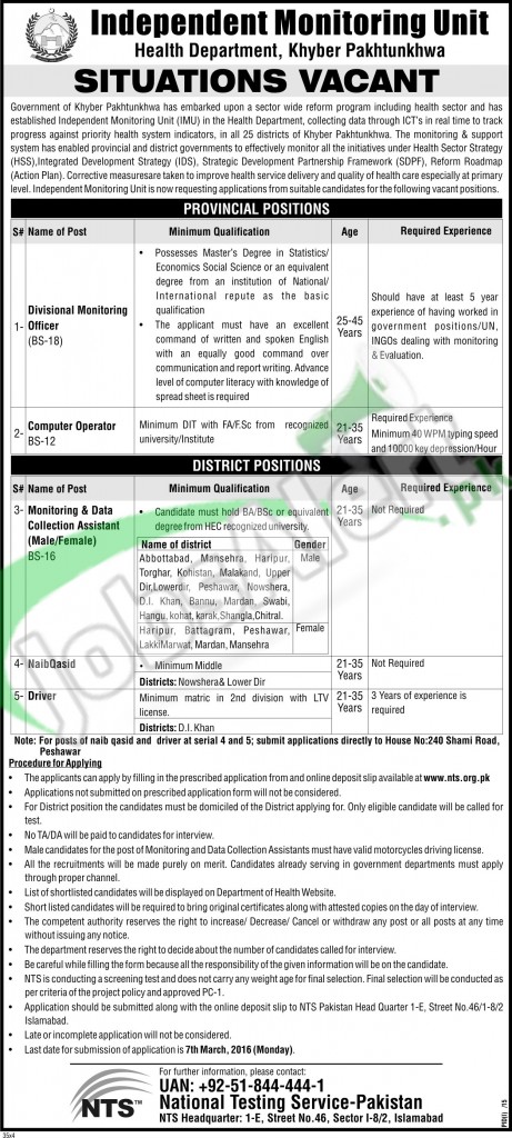 Health Department KPK Jobs 2016 NTS Latest in 25 Districts of KPK