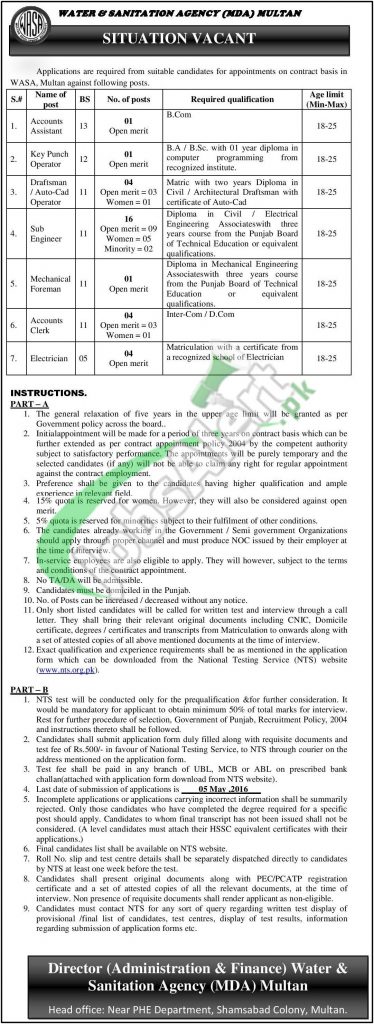 WASA Multan Jobs 2016 NTS Application Form Download Online Sample Paper ...