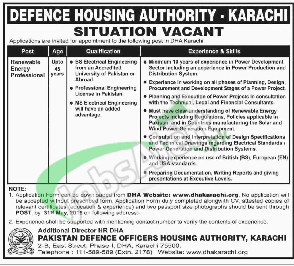 Defence Housing Authority DHA Karachi Jobs May 2016 Online Application ...