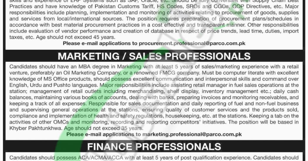 PARCO Jobs Advertisement 2017 for Finance HR Marketing Sales Professionals