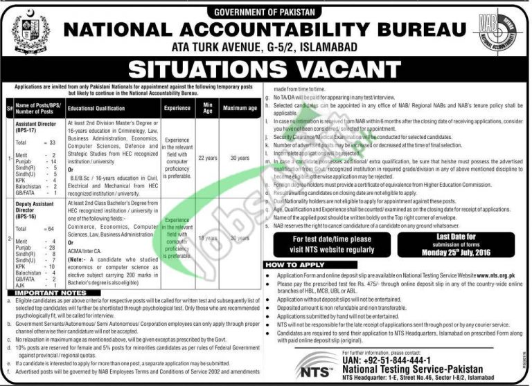 NTS NAB Jobs Application Form 2016 for Assistant Director Latest