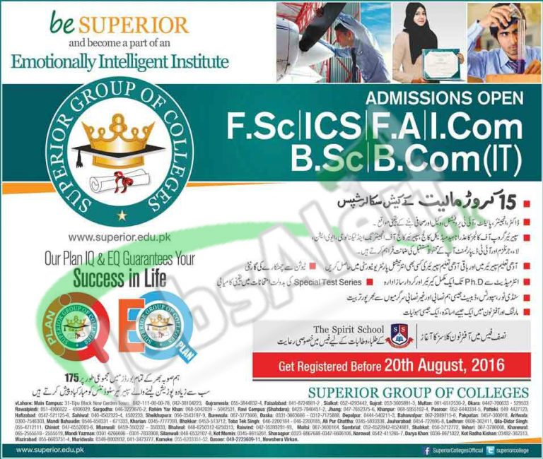 Admissions in Superior Group of Colleges 2016 Current Announcement