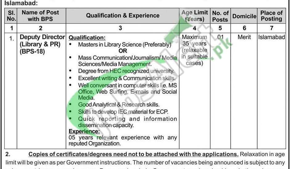 Election Commission of Pakistan Jobs 2016 PO Box 1418 GPO Islamabad ...