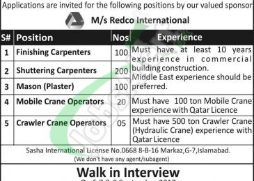 Qatar Jobs for Pakistani 2017 at Redco International Walk In Interview