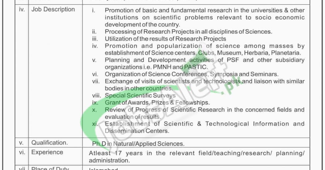 Pakistan Science Foundation PSF Jobs 2017 Ministry of Science ...