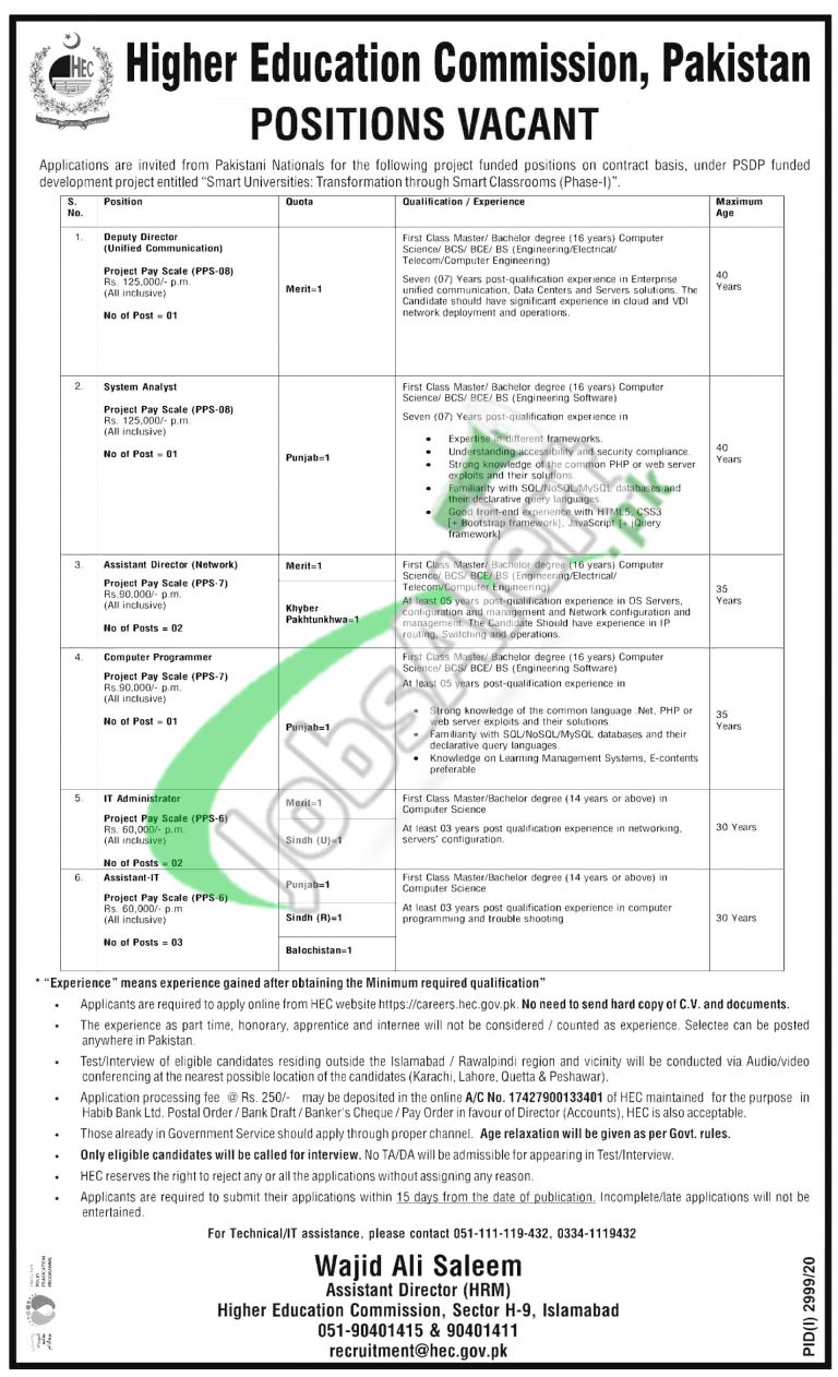 HEC Jobs Application Form Download 2020 Online | www.hec.gov.pk