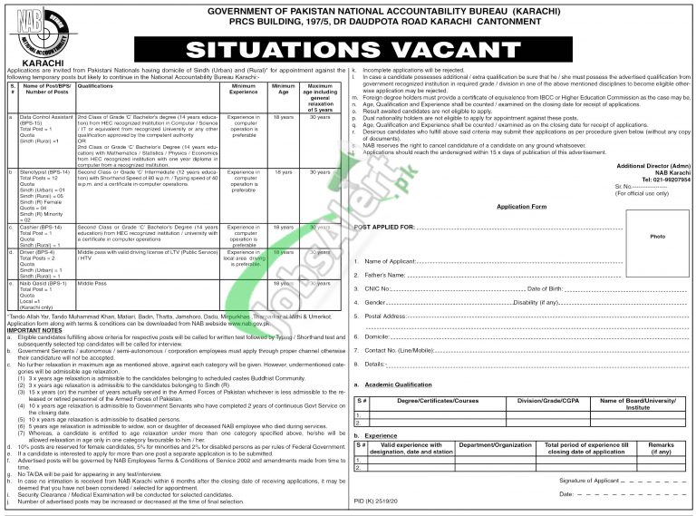 NAB Jobs 2021 Application Form Karachi Latest Advertisement