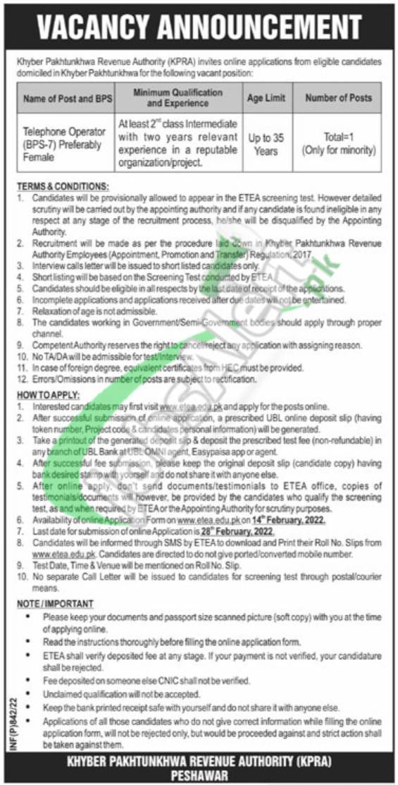 Khyber Pakhtunkhwa Revenue Authority KPRA Jobs 2022 Career Opportunities