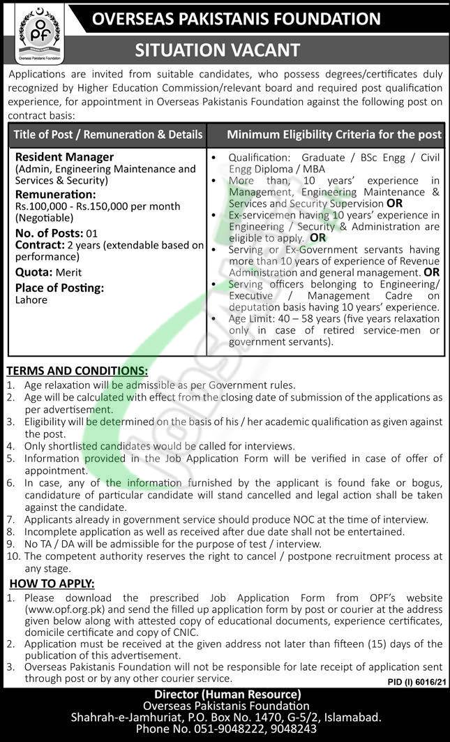 OPF Jobs Advertisement 2022 Overseas Pakistanis Foundation Application ...