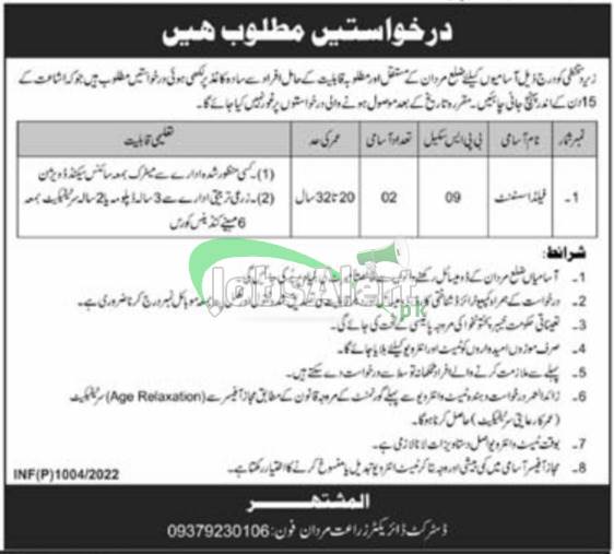 Agriculture Department Mardan KPK Jobs 2022 Latest Advertisement