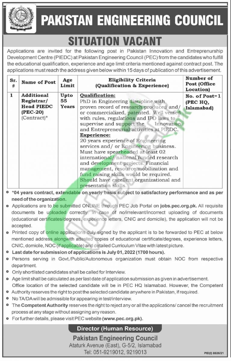 PEC Jobs 2022 Application Form Download Online www.pec.org.pk Latest