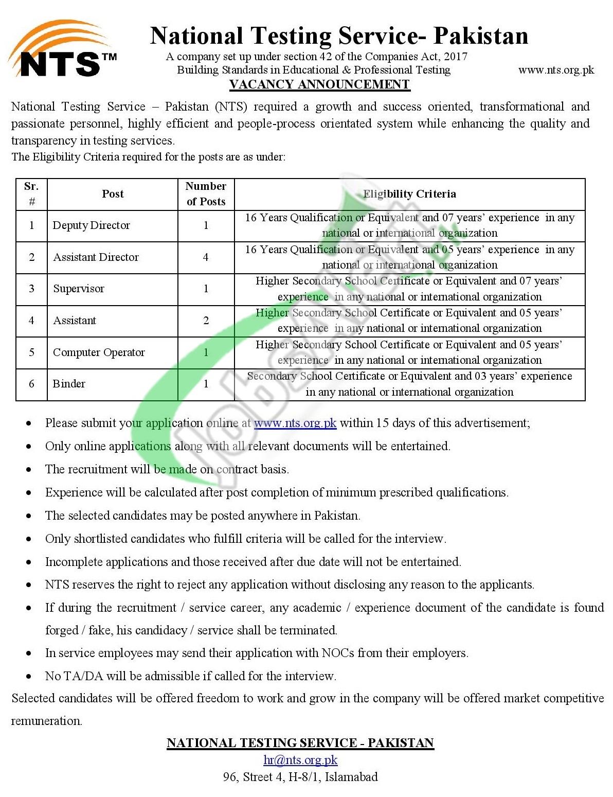 National Testing Service Pakistan Jobs 2022 Download Online Form