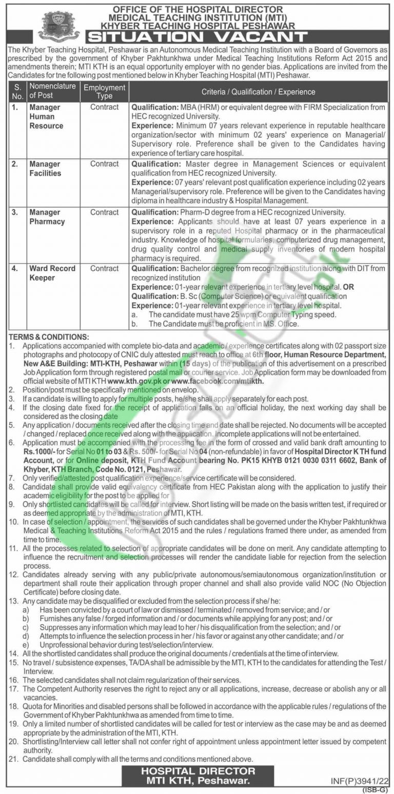 KTH Khyber Teaching Hospital Peshawar Jobs 2022 Online Application Form ...