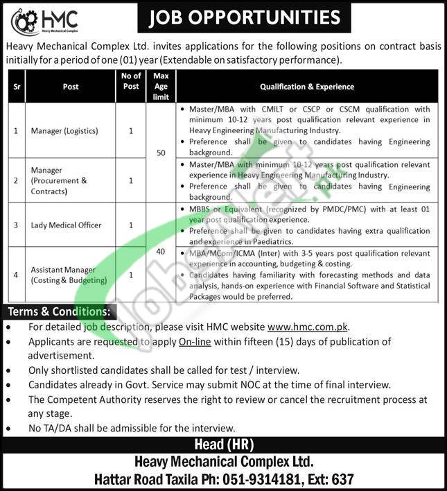 HMC Taxila Jobs 2022 Heavy Mechanical Application Form
