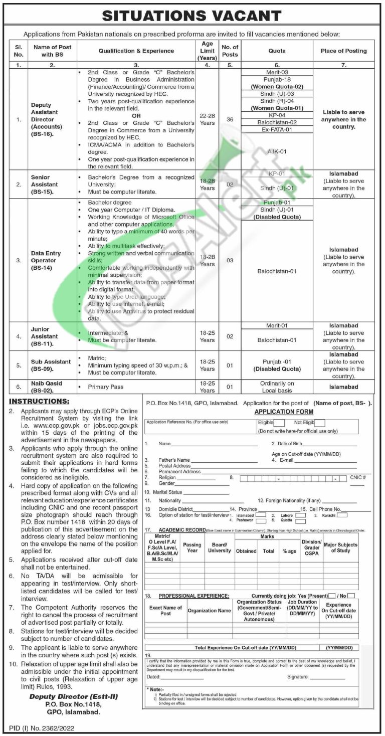 ECP Election Commission of Pakistan Jobs 2022 Application Form Download
