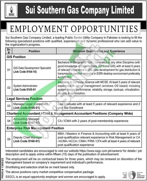 SSGC Jobs 2022 Sui Southern Gas Company Latest November Advertisement