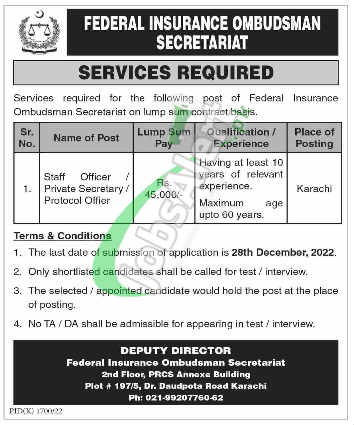 Federal Insurance Ombudsman Secretariat Jobs 2022 Vacancies in Islamabad
