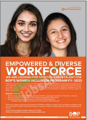 BOP Female Inclusion Program 2023 Bank of Punjab Jobs Online Apply