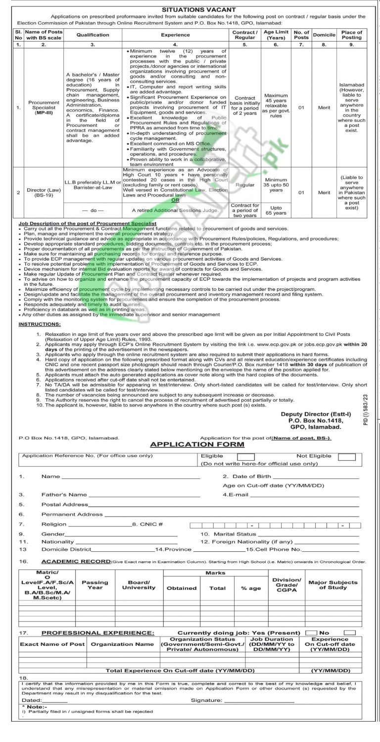 ECP Election Commission of Pakistan Jobs 2023 Application Form Download
