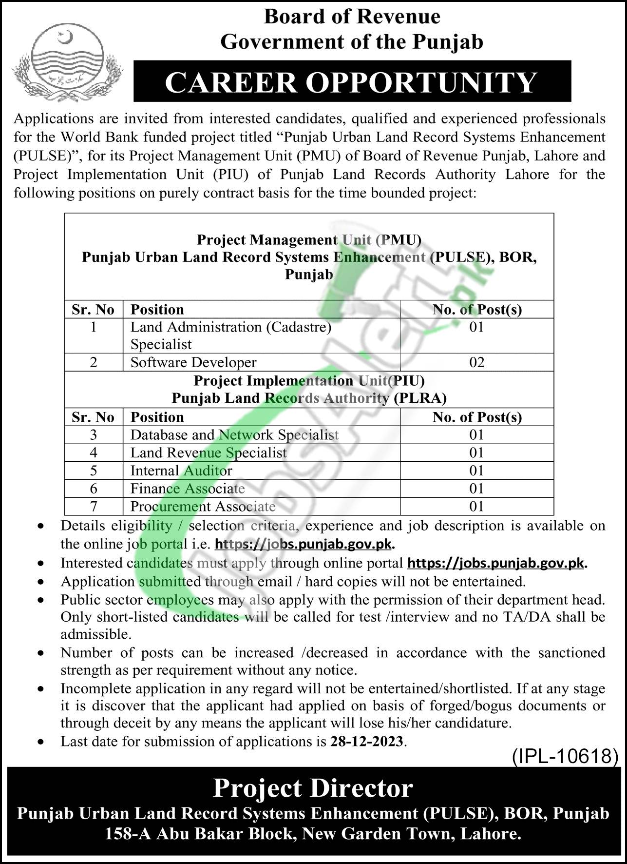 jobs.punjab.gov.pk BOR Jobs Online Apply 2023 Board of Revenue Punjab