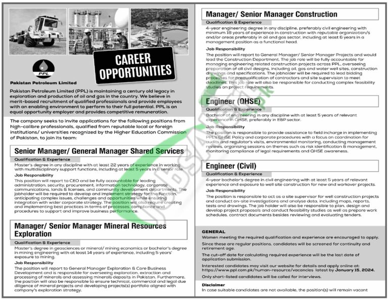 Apply Online PPL Jobs 2024 Pakistan Petroleum Limited Latest