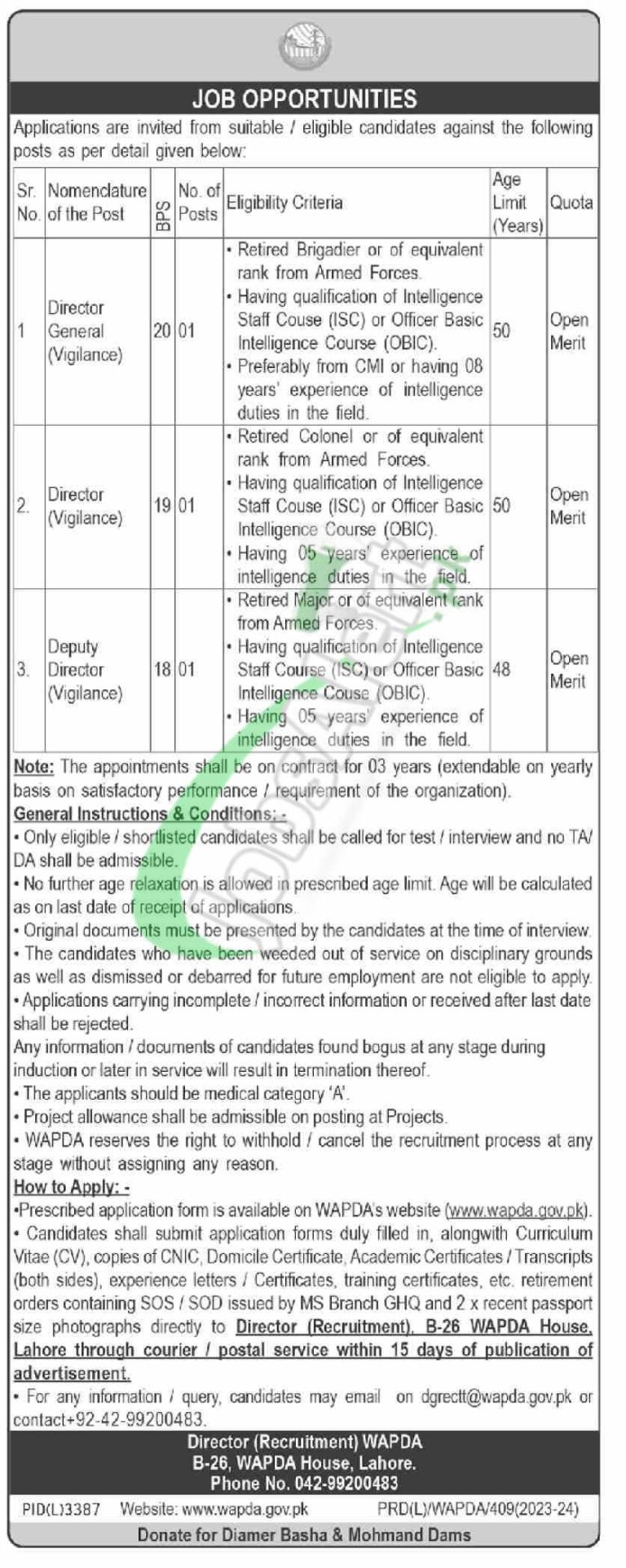 WAPDA Vigilance Jobs 2024 Application Form | www.wapda.gov.pk