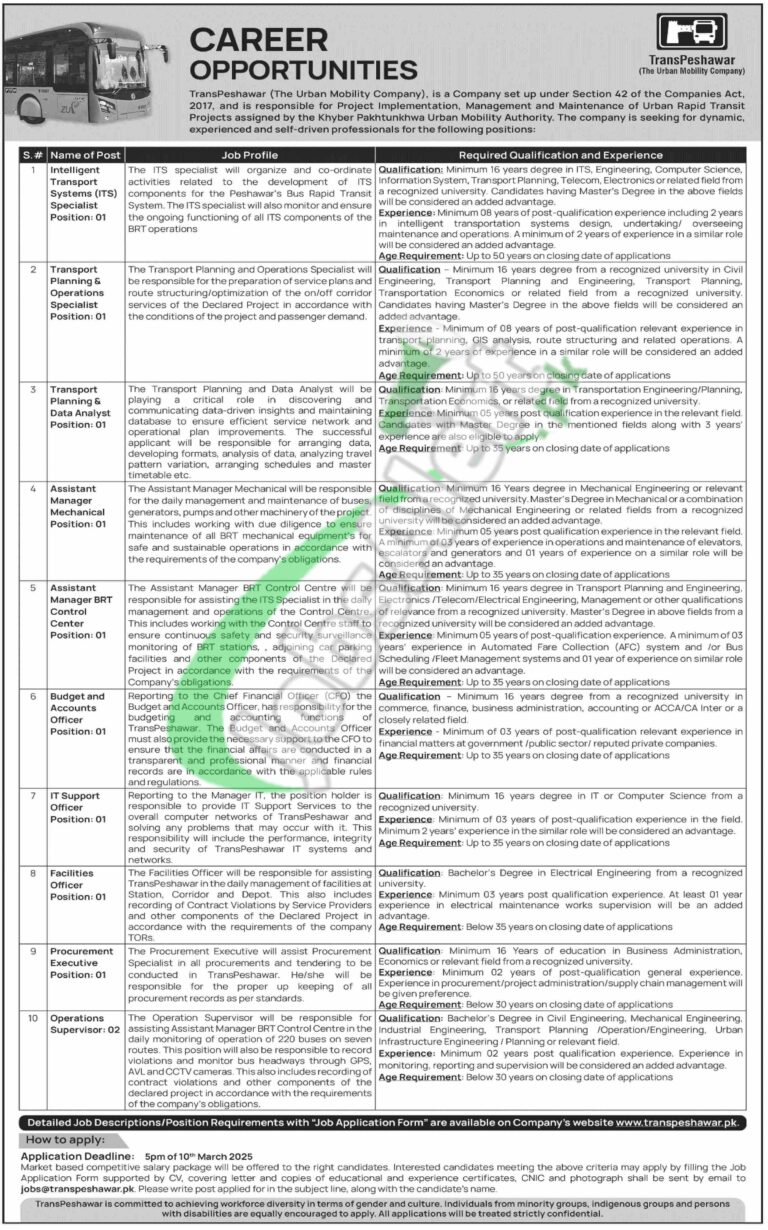 Transport & Mass Transit Department KPK Jobs 2025 TransPeshawar Online ...