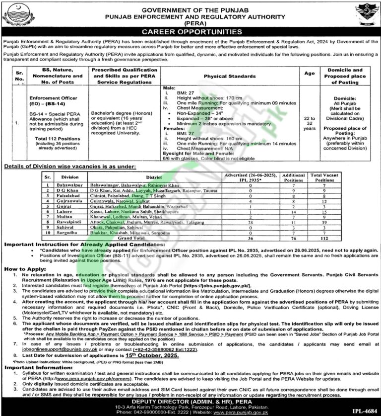 Enforcement Officer Jobs 2025 PERA Online Apply Last Date